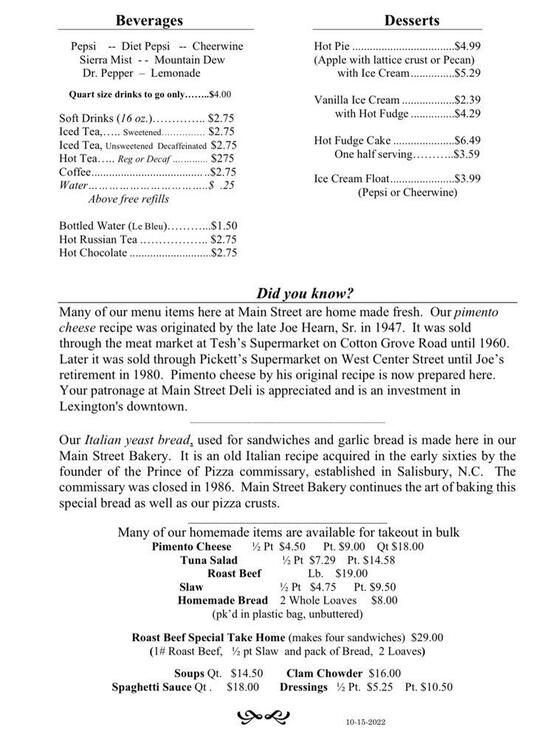 Menu at Main Street Pizza & Deli pizzeria, Lexington