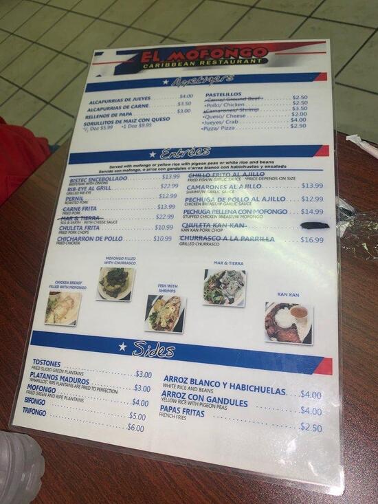 Menu at El Mofongo Restaurant, Arlington