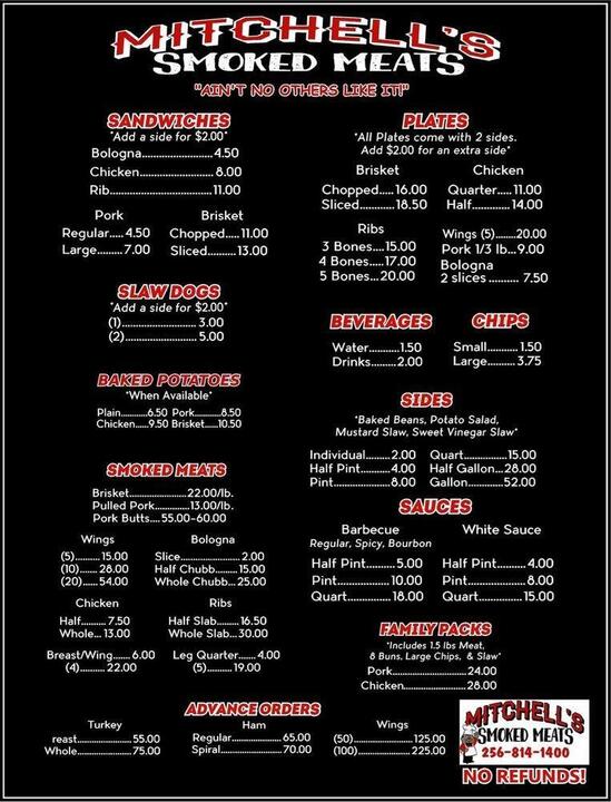 Menu at Mitchell’s Smoked Meats BBQ, Muscle Shoals