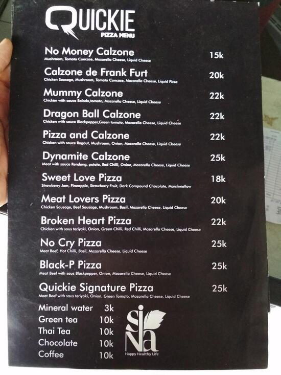 Menu at Quickie Pizza restaurant, Semarang