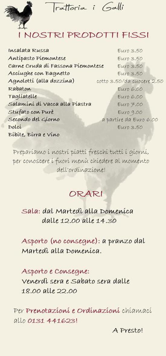 Menu da Trattoria I Galli ristorante, Alessandria
