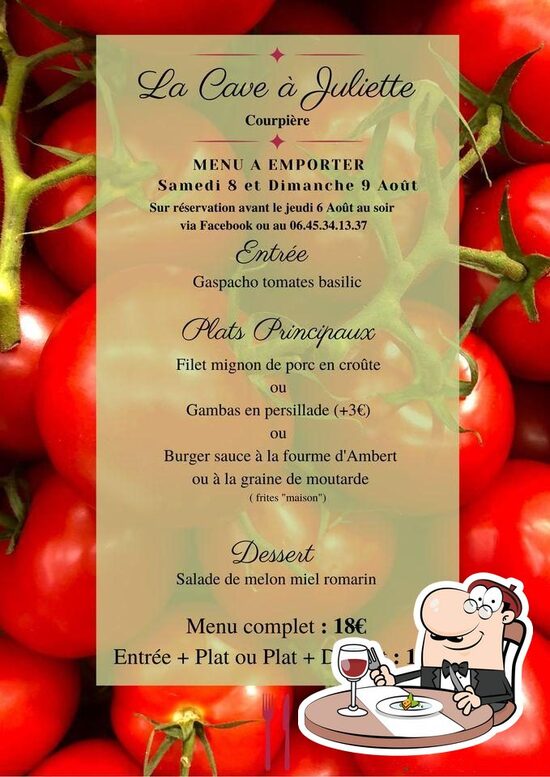 Menu at la Cave à Juliette restaurant, Courpière