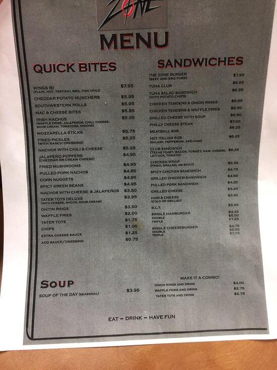 Menu at The Zone pub & bar, Fort Campbell
