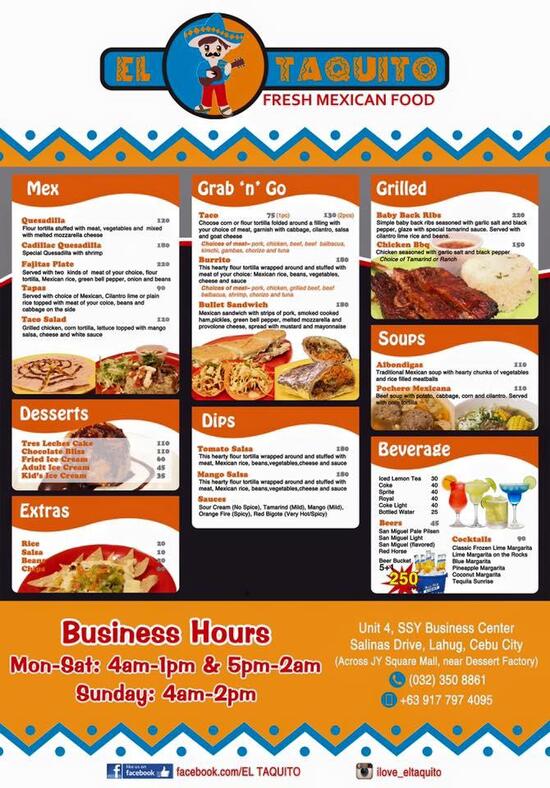 Menu at El Taquito restaurant, Cebu City, 9W27+CG9