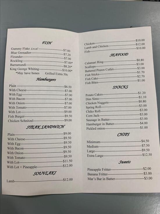 Menu at Mt Eliza Park Takeaway Fish & Chips fast food, Mount Eliza