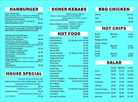 Menu at Blue Lagoon Takeaway fast food, Moss Vale
