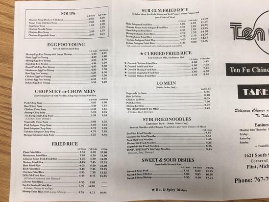 Menu at Ten Fu Chinese Gourmet Inc restaurant, Flint