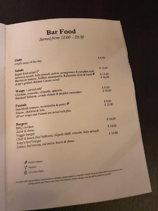 Menu at Amy's Restaurant, Crawley, London Gatwick Airport