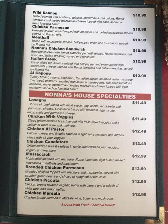 Menu at Nonna's Italian Restaurant, San Bernardino