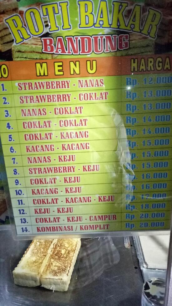 Menu at Roti Bakar Bandung restaurant, Tarakan, 8H5J+667
