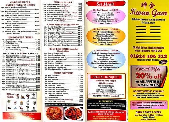 Menu at Kwan Gam Chinese Takeaway fast food, Heckmondwike