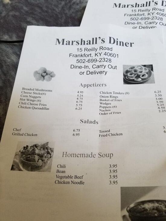 Menu at Marshall’s Diner restaurant, Frankfort