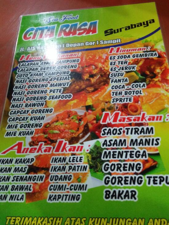 Menu at Cita Rasa Surabaya restaurant, Sampit