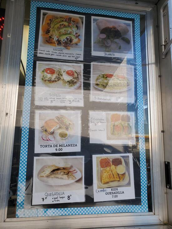 Menu at Victorias Tacos restaurant, Kuna