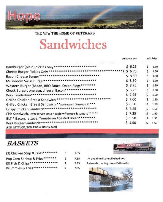 Menu at VFW Club Post 3388, Estherville