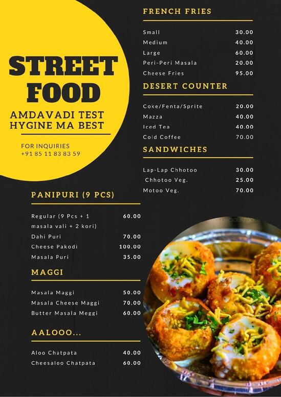 Menu at Street Food, Ahmedabad
