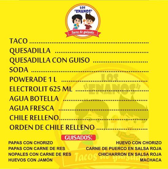 Menu at Tacos de guisado los enanos restaurant, Mexicali