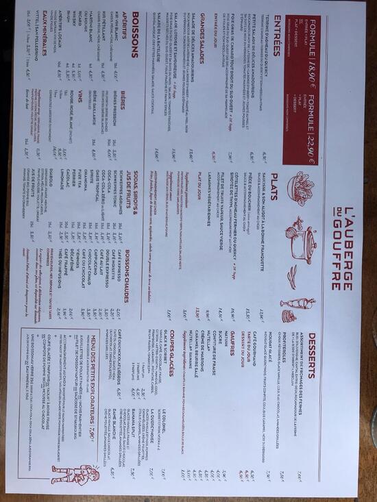 Menu at Auberge du Gouffre restaurant, Padirac