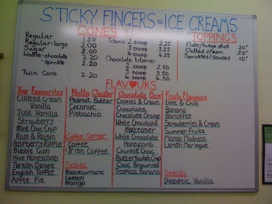 Menu at Sticky Fingers, Dawlish