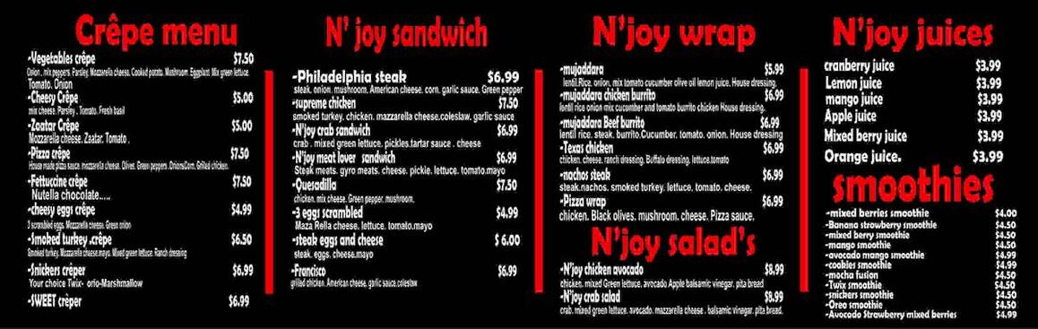 Menu at N'joy restaurant, Cleveland