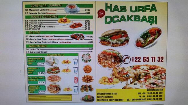 Menu at Has Urfa Ocakbasi restaurant, Solingen