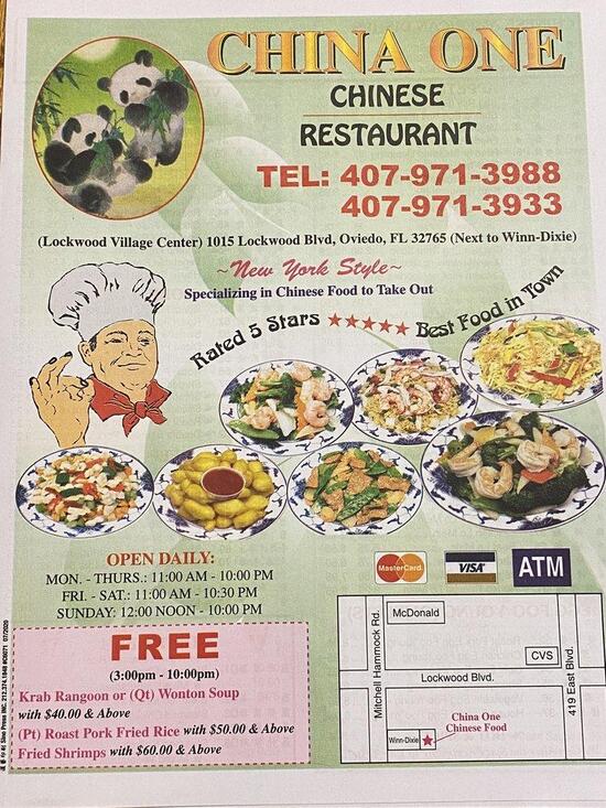 Menu at China One restaurant, Oviedo, Lockwood Blvd