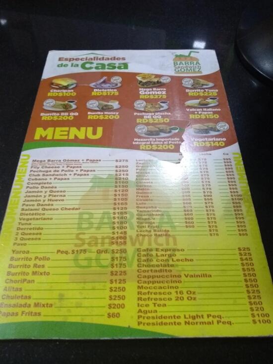 Menu at Barra Sandwich Gómez (Isabel A Guiar), Santo Domingo