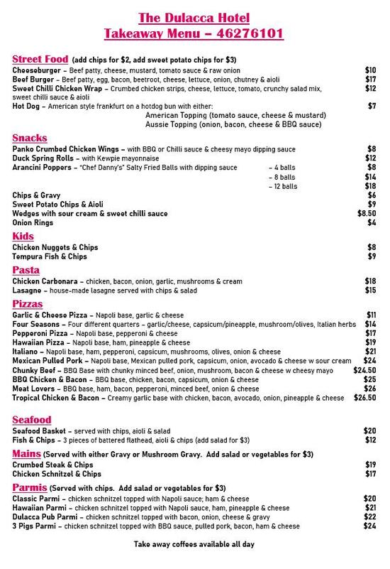 Menu at Dulacca Hotel pub & bar, Dulacca