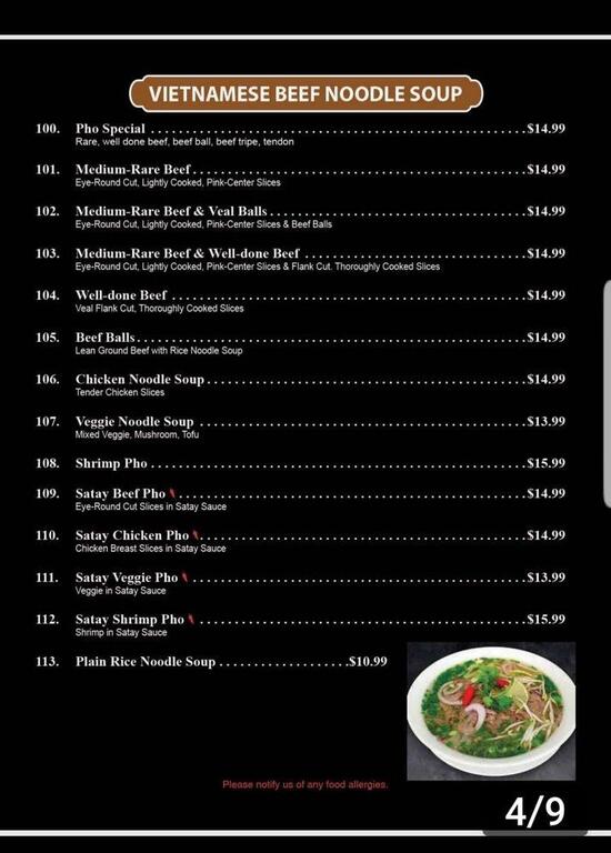 Menu au Pho Simcoe restaurant, Wasaga Beach