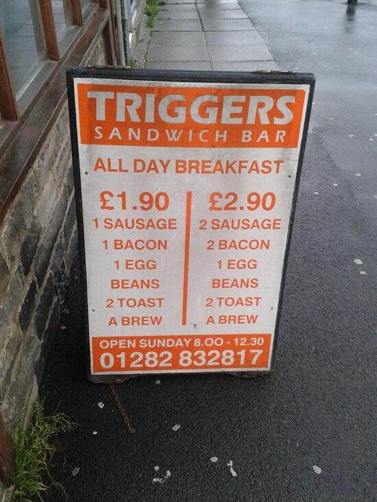 Menu at Triggers restaurant, Burnley