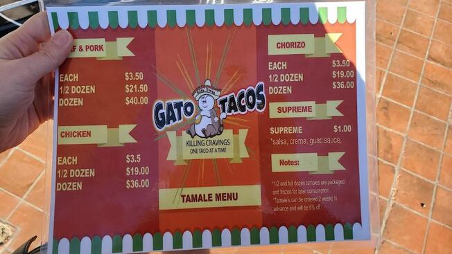 Menu at Gato Tacos restaurant, Lexington Park