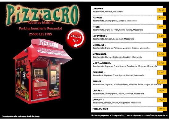 Menu at Pizz'acro pizzeria, France