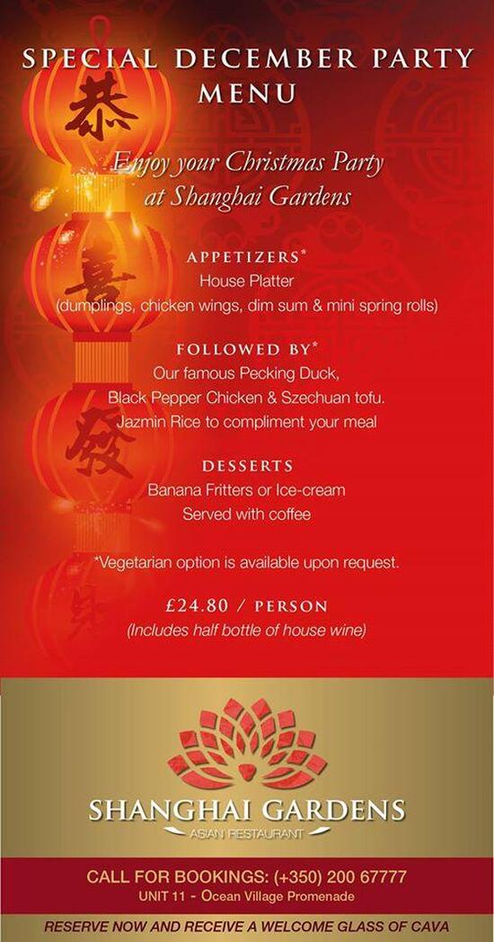 Menu at Shanghai Gardens restaurant, Gibraltar