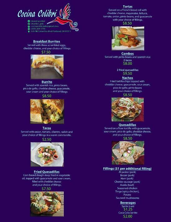 Carta del restaurante Cocina Colibri, Portland, 535 NE Columbia Blvd
