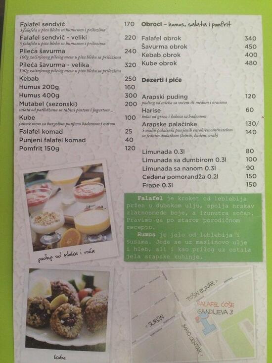 Menu at Falafel ćoše restaurant, Belgrade