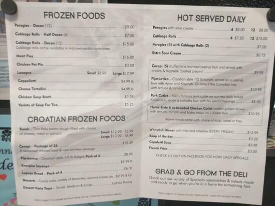 Menu at Croatian Corner restaurant, Sault Ste. Marie