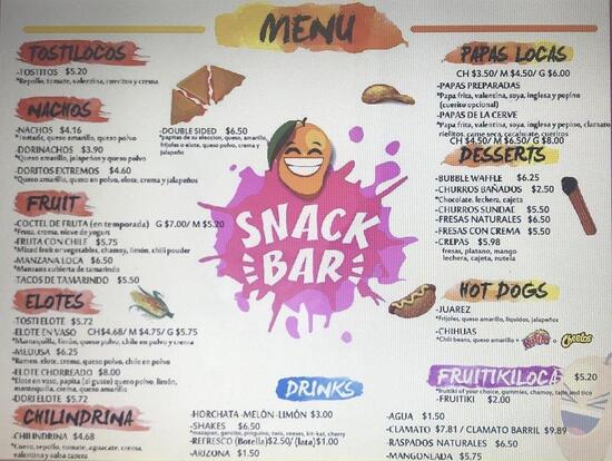 Menu at SnackBar, El Paso
