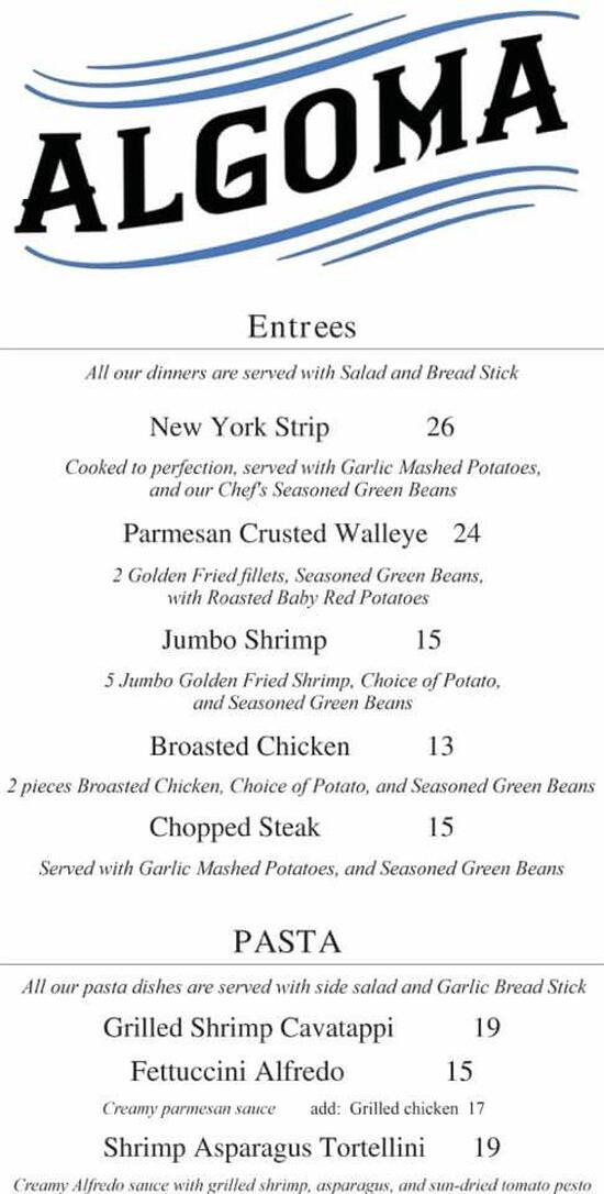 Menu at Joab's Algoma Eatery and Tavern pub & bar, Warroad