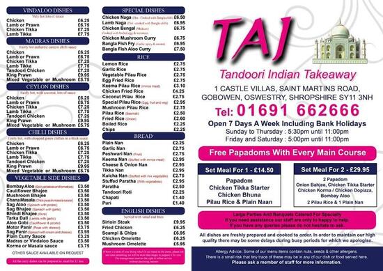 Menu at Taj Tandoori fast food, Oswestry