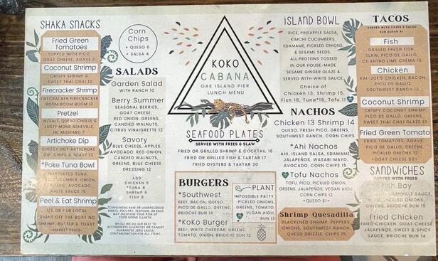 Menu at Koko Cabana restaurant, Oak Island