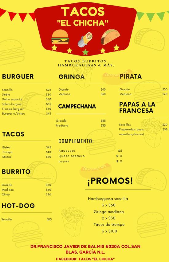 Menu at Tacos "El chicha" restaurant, García