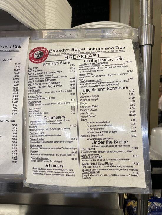 Menu at Brooklyn Bagel Bakery & Deli, Johns Creek
