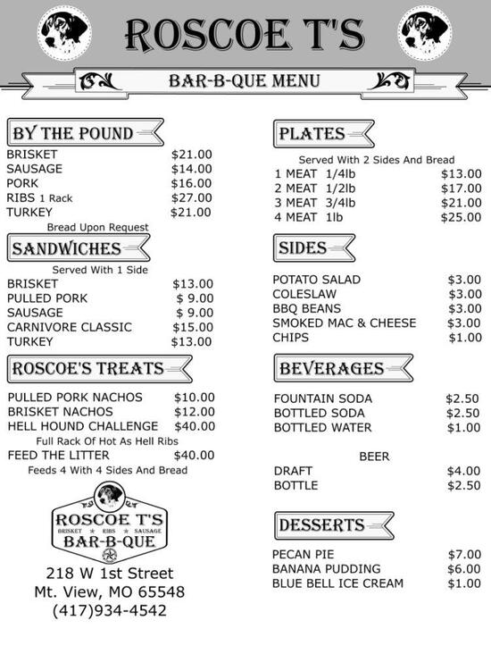 Menu at Roscoe T's Bar-B-Que, Mountain View