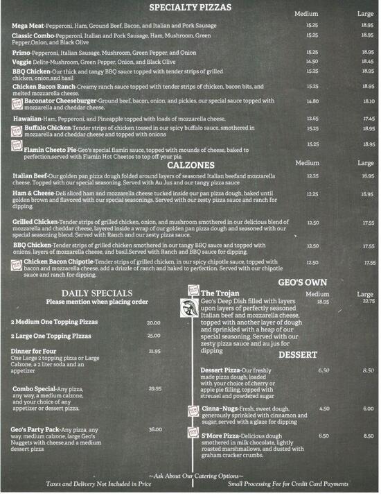 Menu at Geo's Pizza pizzeria, Dwight