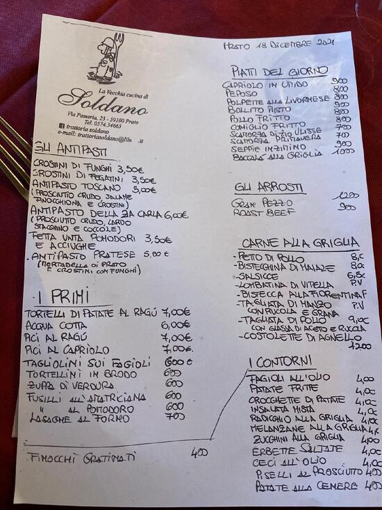 Menu da La Vecchia Cucina di Soldano ristorante, Prato