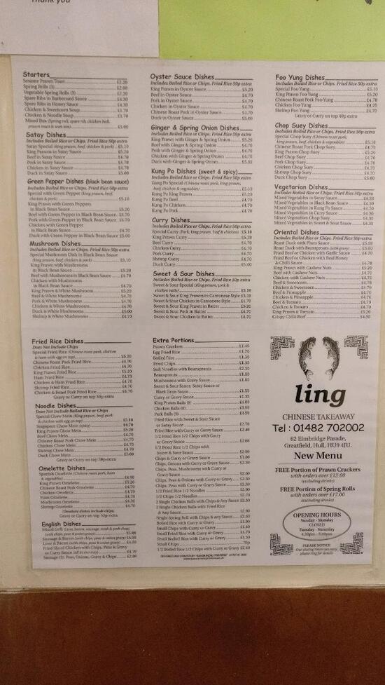 Menu at Ling Take Away, Hull