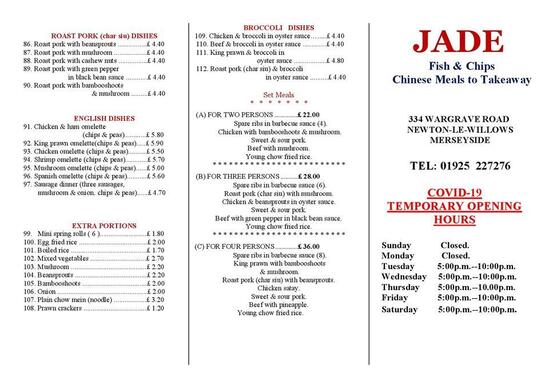 Menu at Jade Garden fast food, Bridgwater