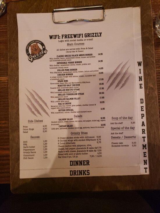 Menu at Grizzly American Restaurant, Amsterdam