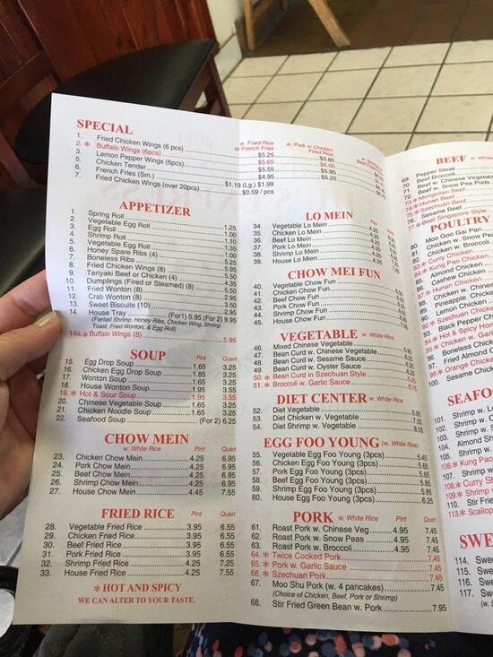 Menu at Chu's Express restaurant, Asheboro