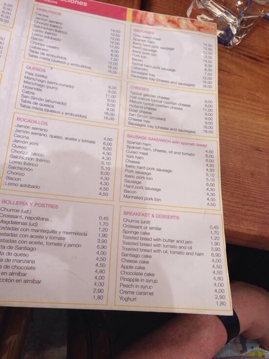 Menu at Mesón Cestaños cafe, Santiago de Compostela